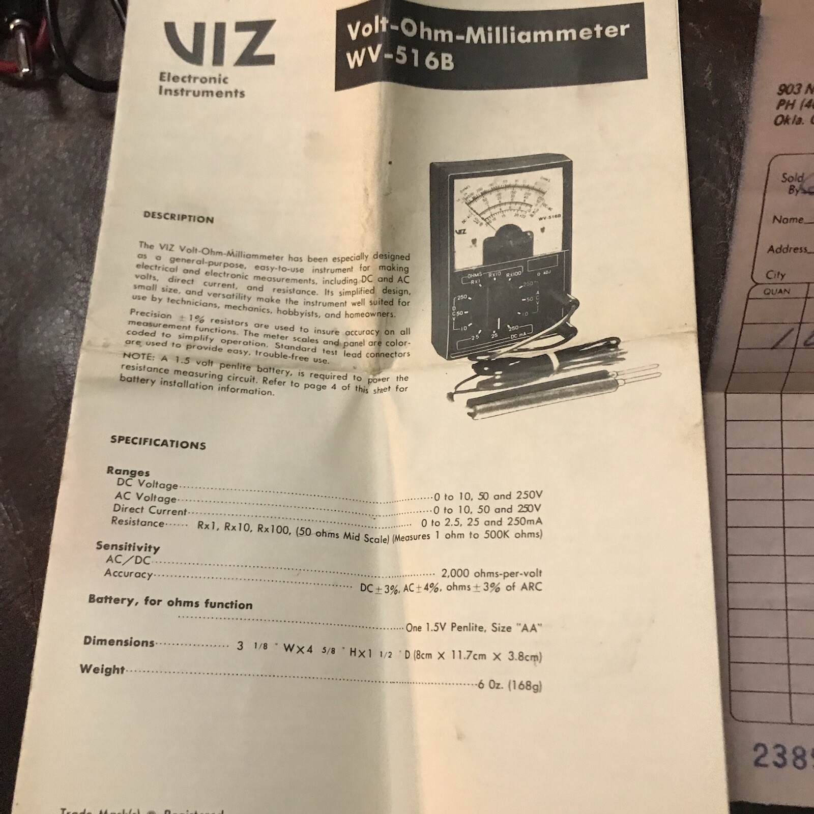 VIZ TECH VTG Multimeter WV-516B w/box, manual and original sales ...