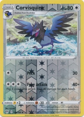 Reverse Holo Corvisquire Uncommon 155/189 Darkness Ablaze Pokemon TCG ...