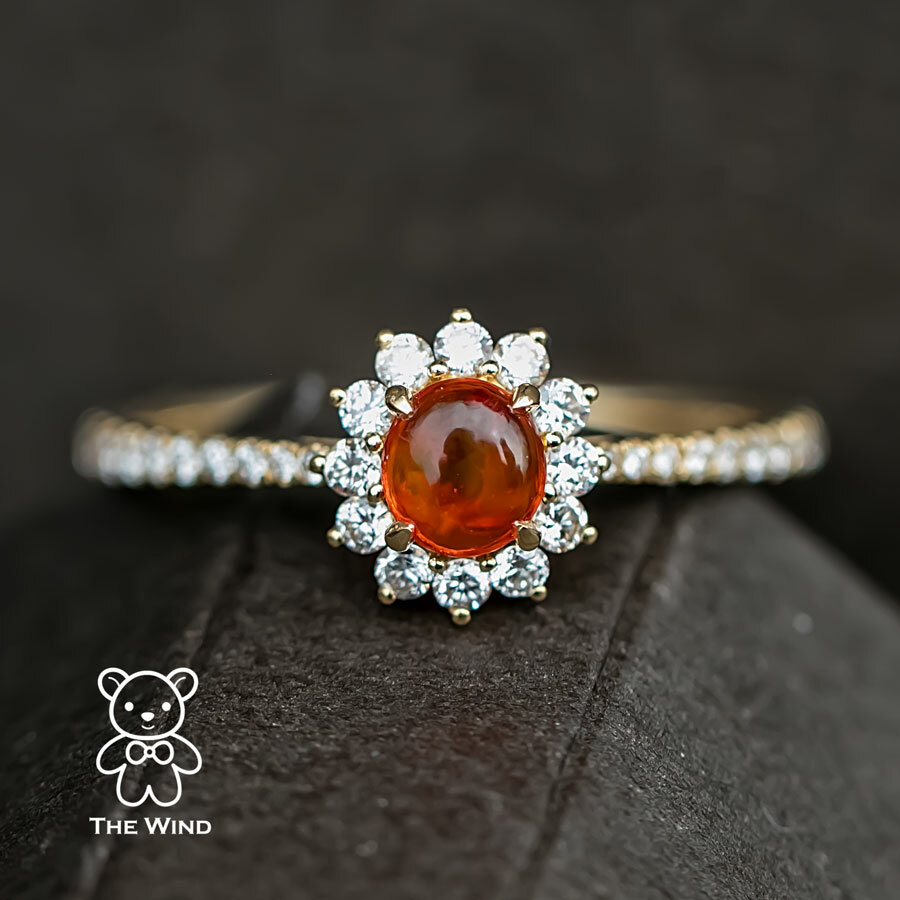 Stunning Red Mexican Fire Opal Halo Diamond Engagement Ring 18K Gold ...