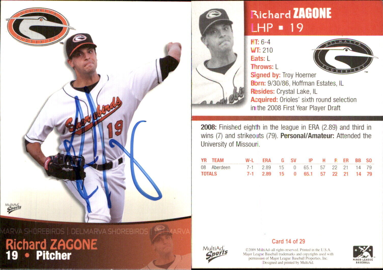 Richard Zagone Signed 2009 MultiAd Delmarva Shorebirds RC Card Auto AU ...