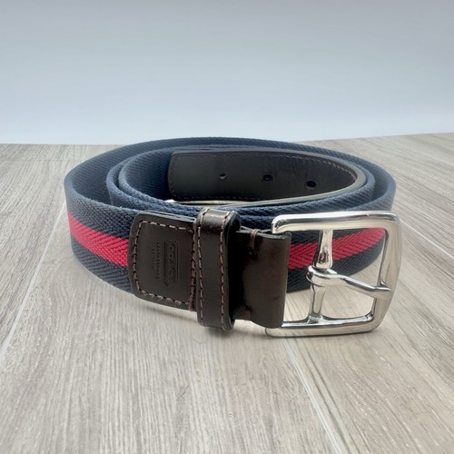 COACH Men’s Leather Navy & Red Wool Twill Belt w/ Brass Silver Buckle ...