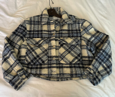 Zara Shacket Cropped Length Medium Womens XS Blue/Cream Plaid Wool ...