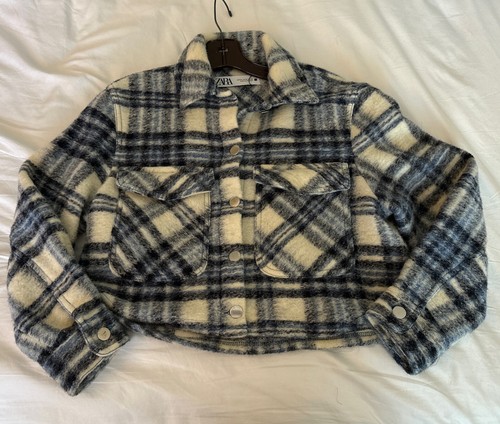 Zara Shacket Cropped Length Medium Womens XS Blue/Cream Plaid Wool ...