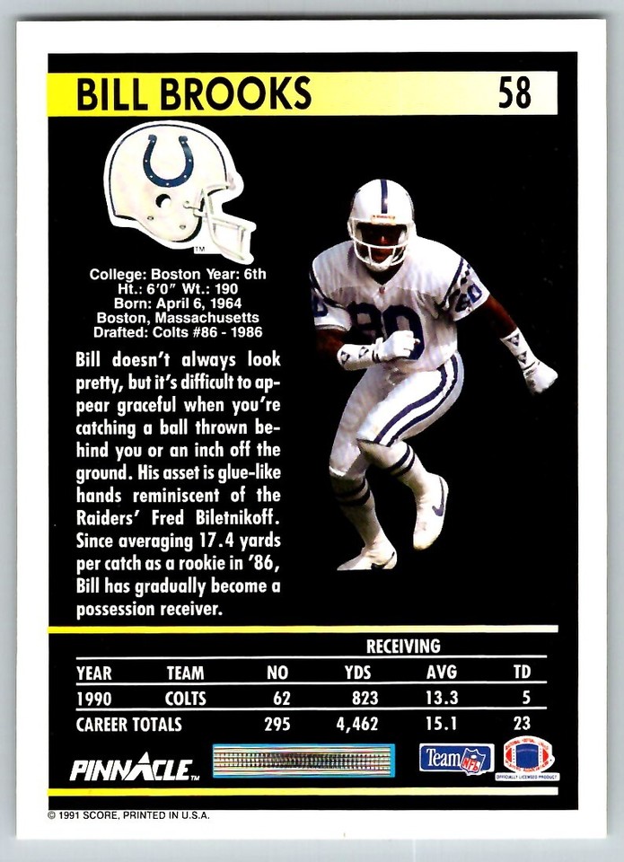 1991 PINNACLE BILL BROOKS INDIANAPOLIS COLTS #58 | eBay