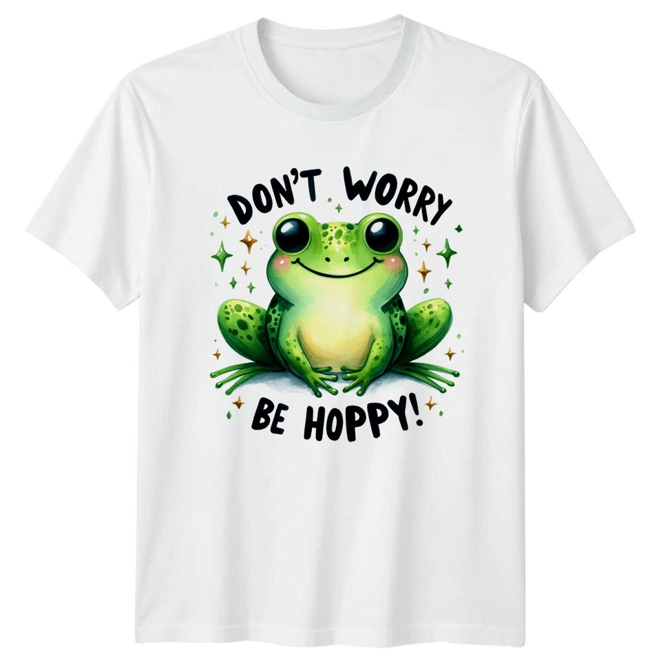 Dont Worry Be Hoppy! Frog Pun Cartoon Graphic T-Shirt | eBay UK