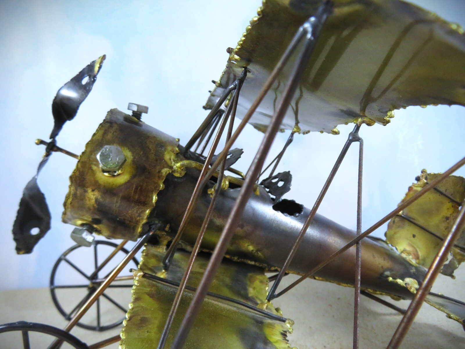 Handcrafted Brass Metal Biplane Sculpture Brutalist Art Soldered Burnt ...