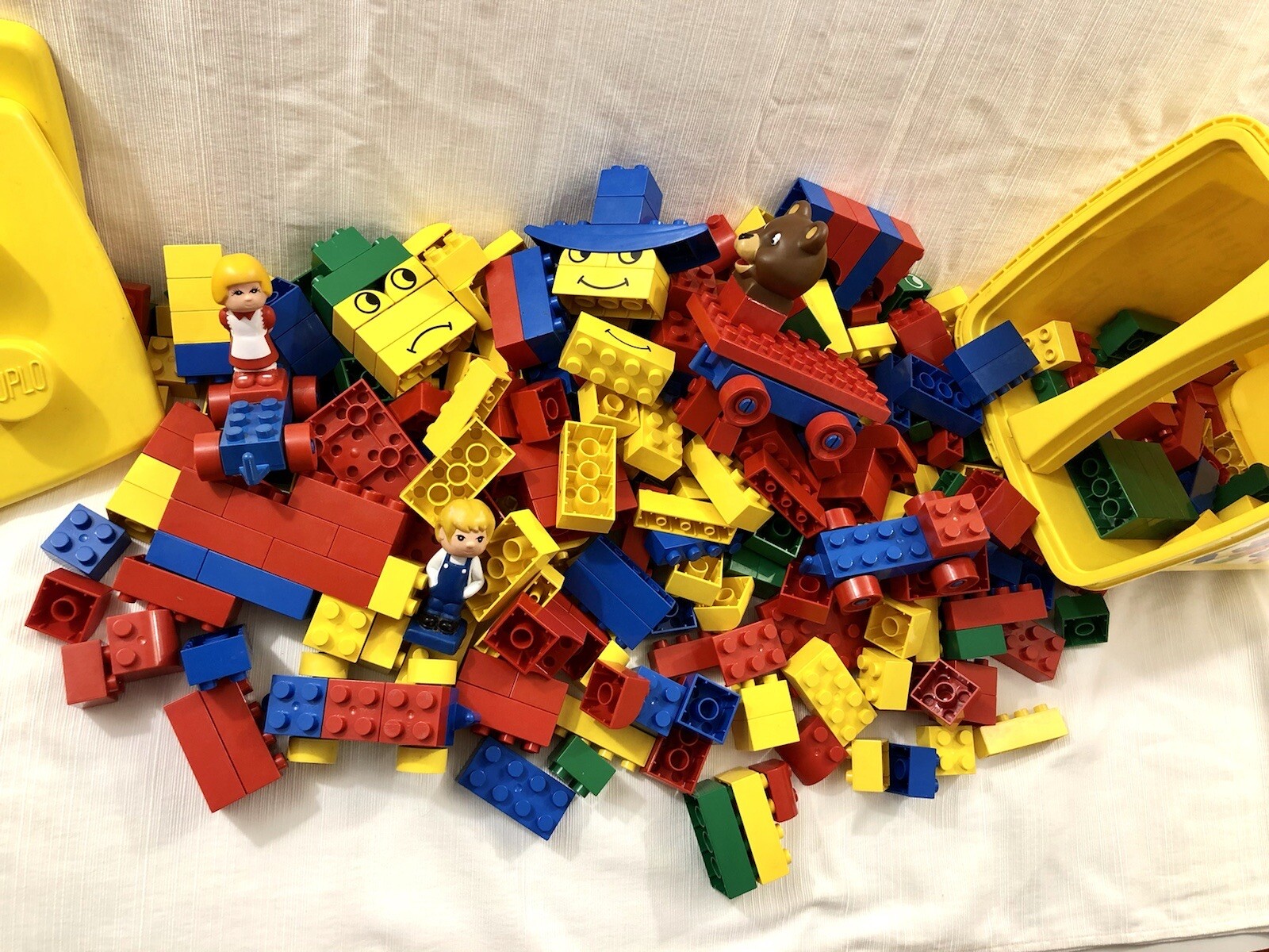 VTG DUPLO LEGOS lot of 330 + 2 yellow storage buckets #1797 & #2266 ...