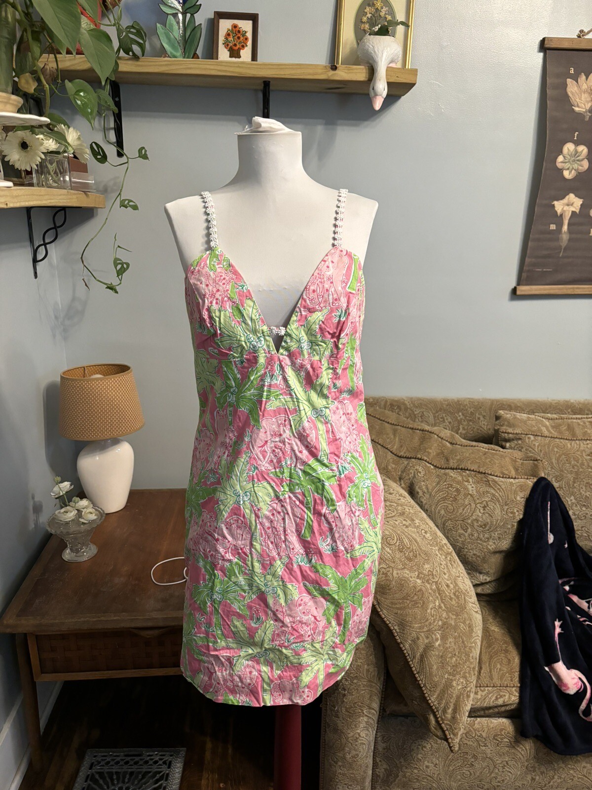 VTG Lilly Pulitzer Elephant Palm Tree Pink Green Dres… - Gem