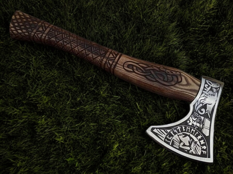 Engraved HandForged Viking Bearded Axe, Carbon Steel Blade, Rosewood ...