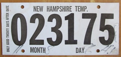 New Hampshire 1980's TEMPORARY CARDBOARD License Plate # 023175 | eBay
