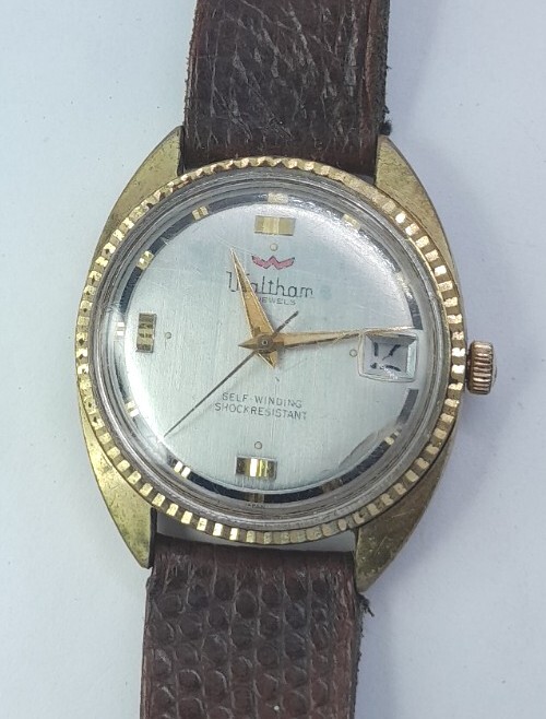 Men Vintage Waltham Automatic Watch Shock Resis Gold Case Brown Leather ...
