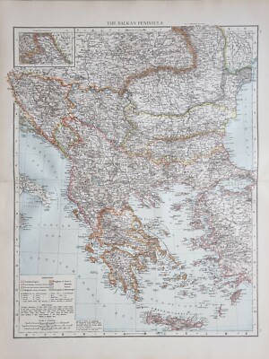 1895 ANTIQUE MAP THE BALKAN PENINSULA DALMATIA ALBANIA RUMELIA WALACHIA ...