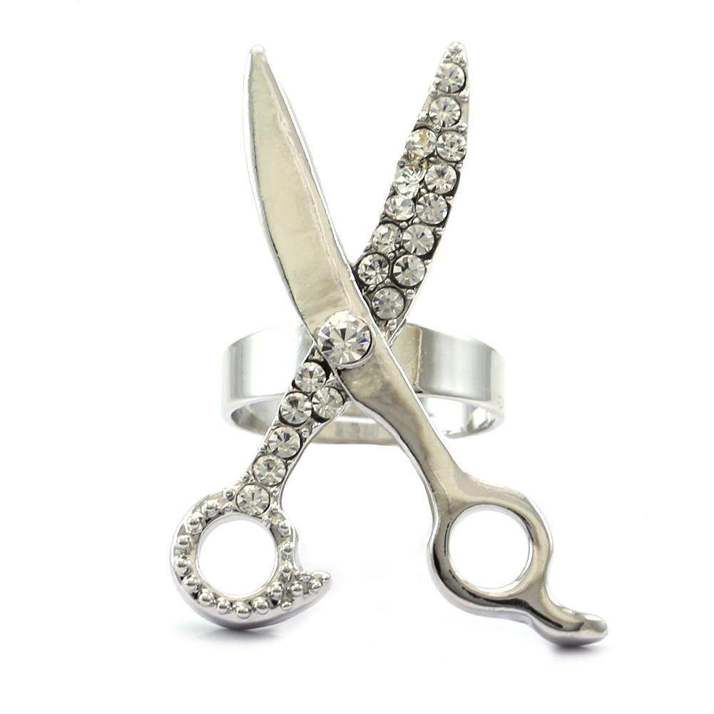Scissors Ring High Polish Silver Tone Clear Stone Crystals Rhinestone ...