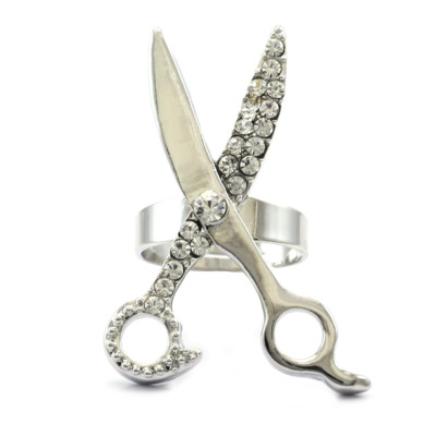 Scissors Ring High Polish Silver Tone Clear Stone Crystals Rhinestone ...