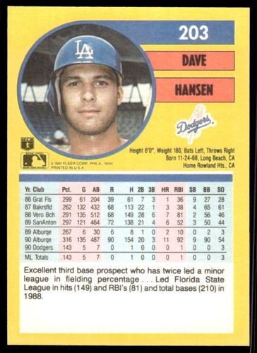1991 Fleer Baseball Card Dave Hansen Los Angeles Dodgers #203 | eBay