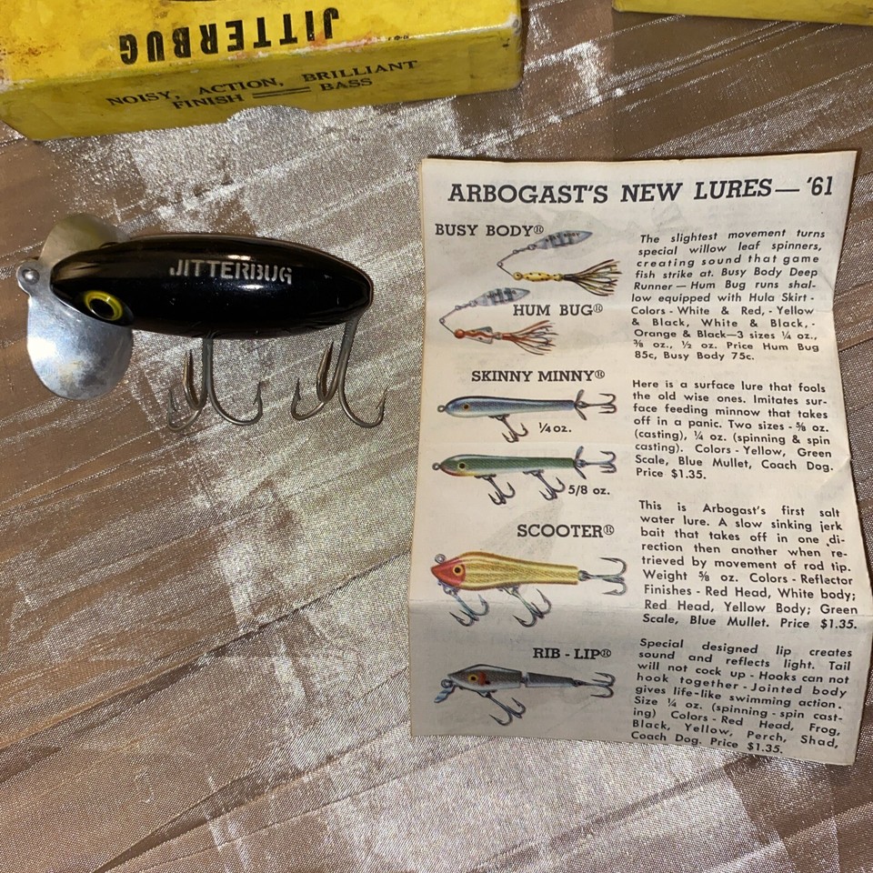 Fred Arbogast Jitterbug Lure Black Silver Vintage Akron Ohio Insert And ...