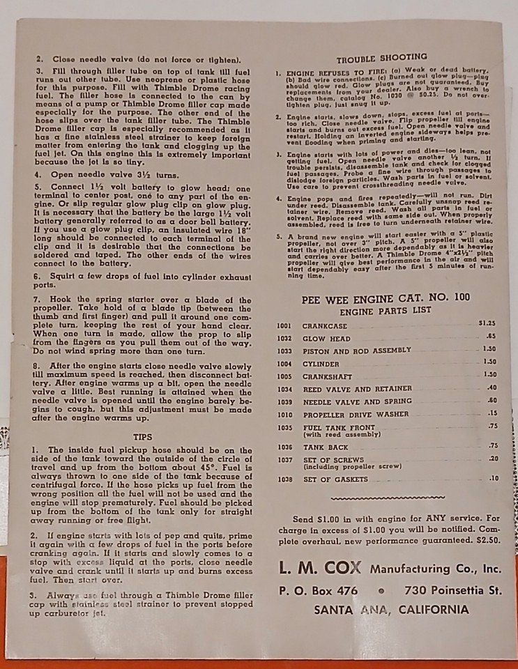 Cox Thimble-Drome Super Sabre F100 Instructions for Plane Model Kit ...