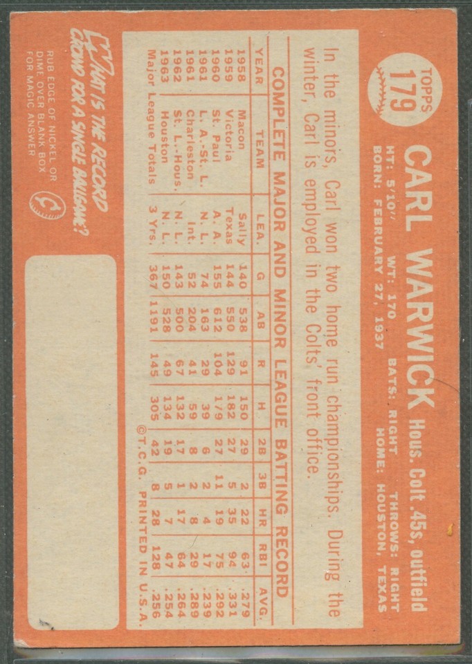 1964 Topps #179 Carl Warwick Houston Colt .45s | eBay