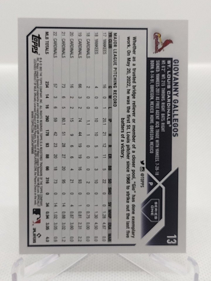Giovanny Gallegos 2023 Topps Complete Set Gold Star Parallel #13 ...