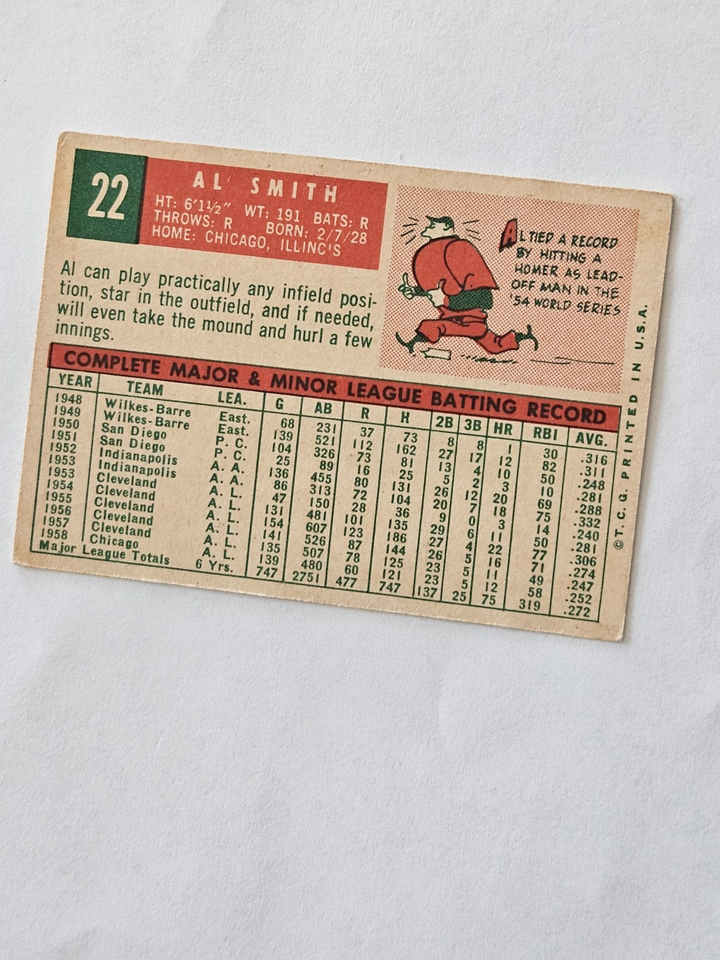 1959 Topps #22 Al Smith Chicago White Sox Card is scanned Very Good | eBay