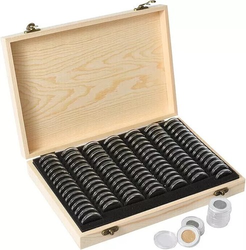 100PCS Coin Capsules Wooden Display Storage Box Case Coin Holder ...