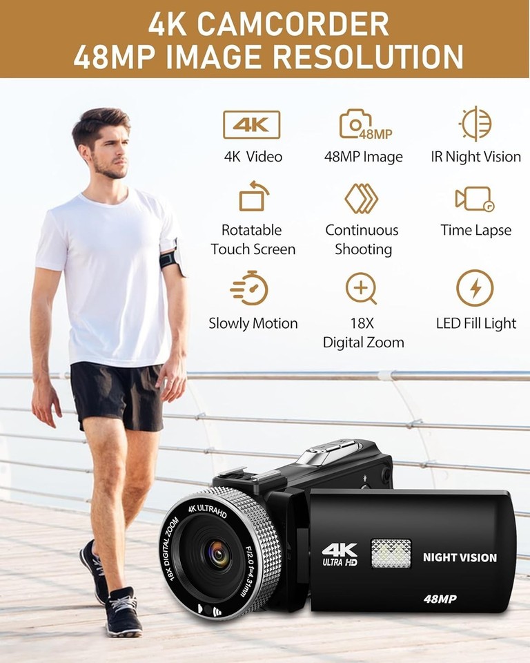Camcorder Video Camera 4K 48MP with IR Night Vision, 18X Digital Zoom ...