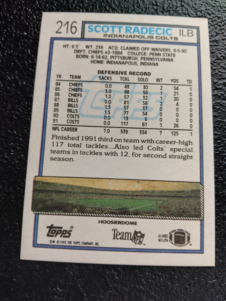 Scott Radecic Indianapolis Colts Linebacker Topps NFL 1992 Card #216 | eBay