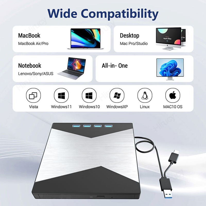 7 in 1 External 4K Blu-ray Optical Drive USB 3.0 Type-C External DVD RW ...