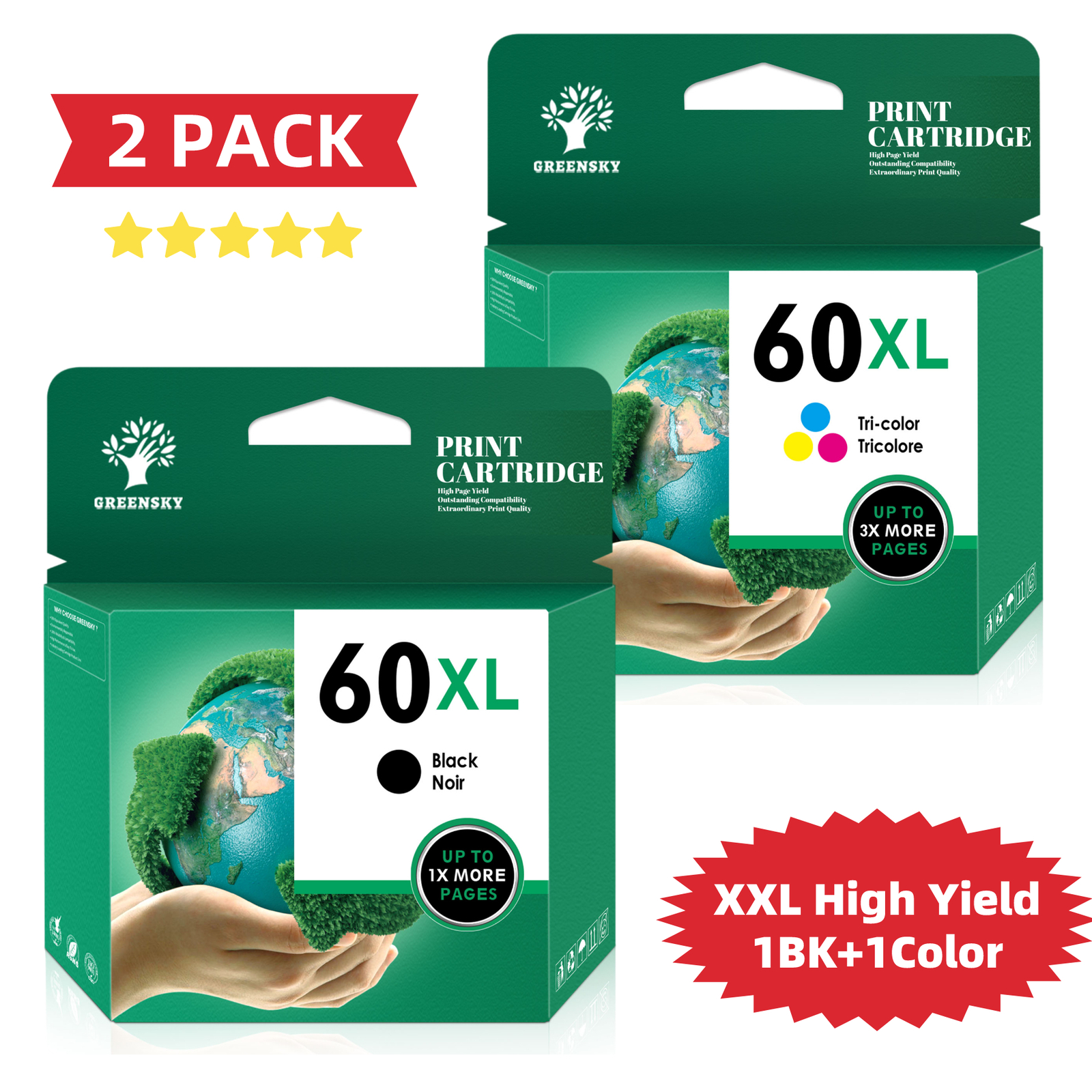 2 Pk 60XL Ink Cartridge Black & Color CC641WN CC644WN for Hp 60-XL ENVY ...
