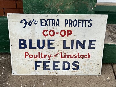 Vintage CO-OP Blue Line Feeds Reflective Advertising Sign ~ Poultry ...