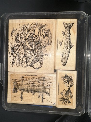 Stampin' Up! Angler 4 Stamp Set 2004 Fishing Rubber Wood Case Included ...