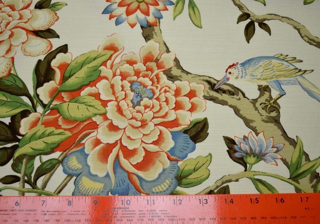 Mudan Persimmon Waverly Fabric Coral Orange Bird and Floral Print for ...