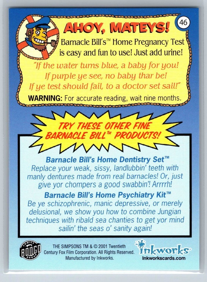 2001 Inkworks The Simpsons Mania Barnacle Bill's Home Pregnancy Test ...