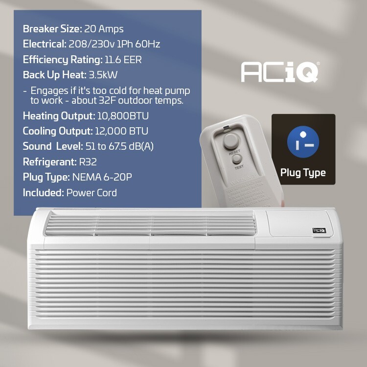 ACiQ 12,000 BTU 11.6 EER PTAC Heat Pump Air Conditioner R32 AC Unit + 3 ...
