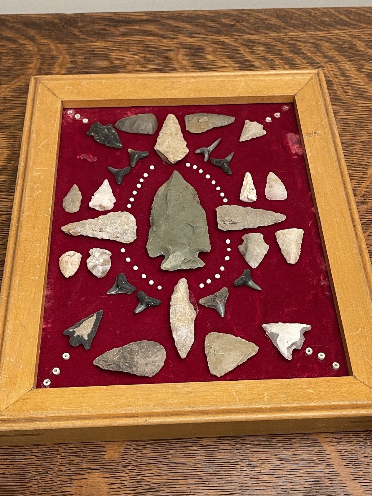 Native American Arrowhead, Tools, Wampum, Beads Shark teeth Board 11.5 ...