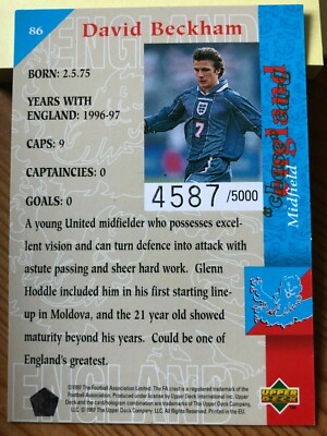 1997 UPPER DECK - DAVID BECKHAM #18 - ENGLAND -RC- ROOKIE CARD - CHASE ...