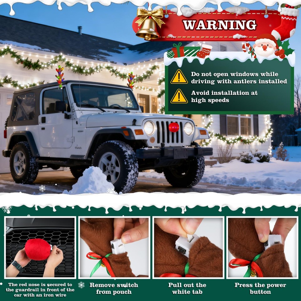 LED Reindeer Car Decoration - Christmas Antler and Nose with 6 in 1 for ...