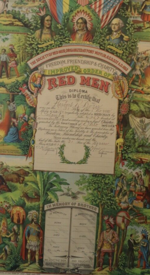 Antique Improved Order Red Men of the World 1912 Lithograph Diploma ...