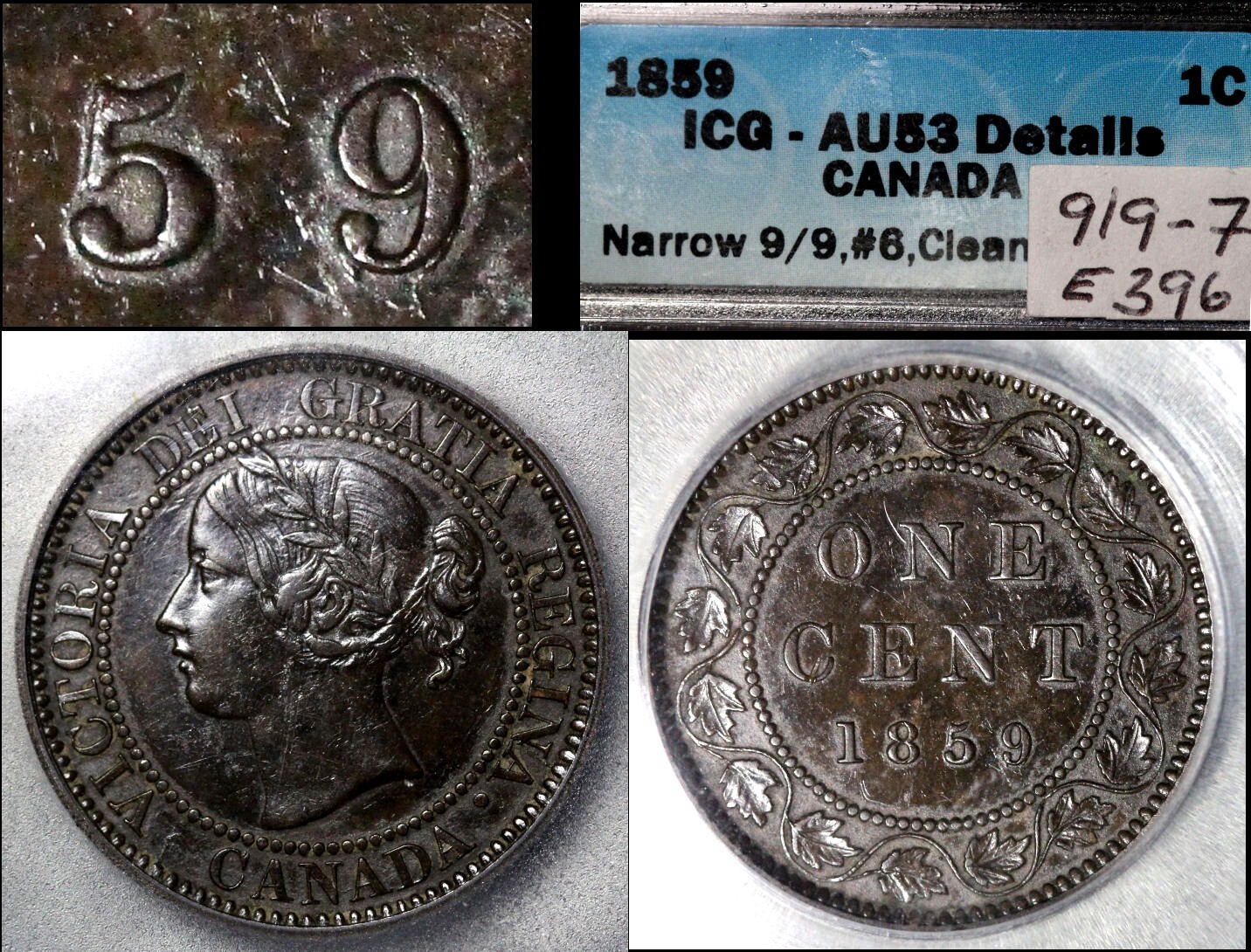 CANADA Large Cent - 1859 Repunched 9 UNPUBLISHED AU53 RARE (a334) | eBay