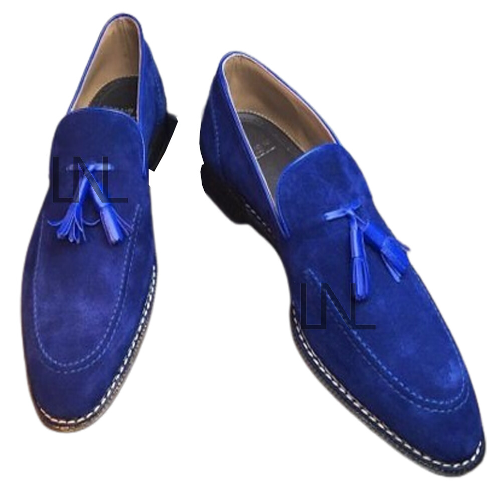 Men's Royal Blue Slip On Tassel Loafer Split Toe Real Suede Leather ...