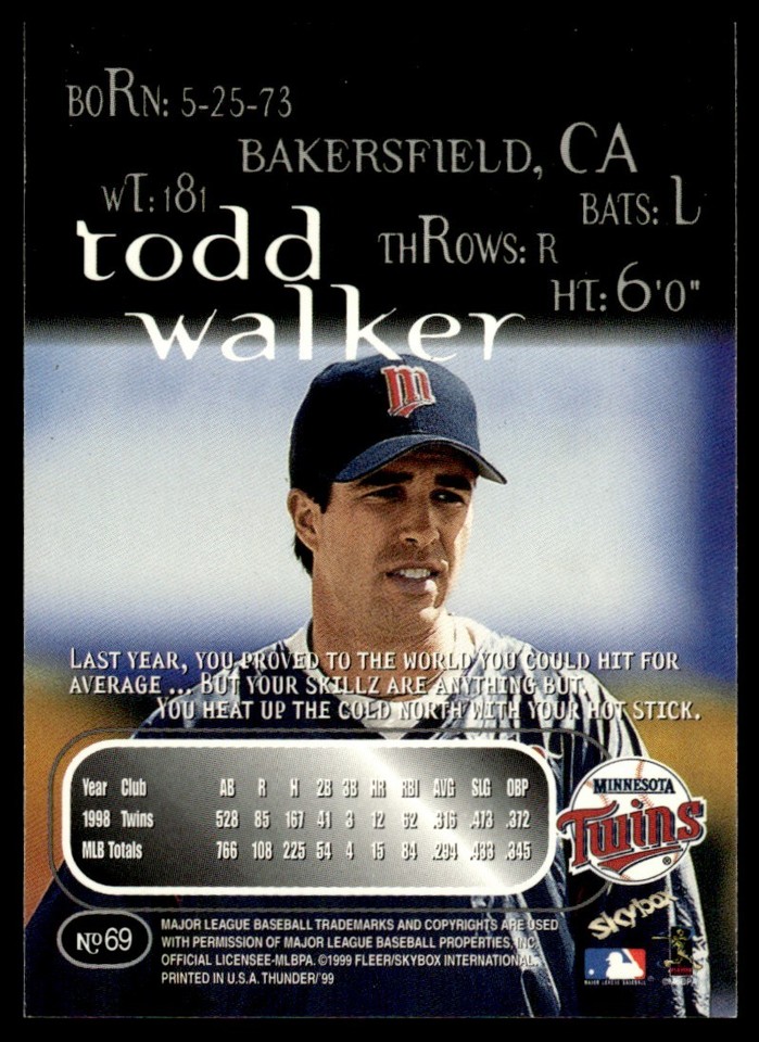 1999 SkyBox Thunder Todd Walker Minnesota Twins #69 15666 | eBay