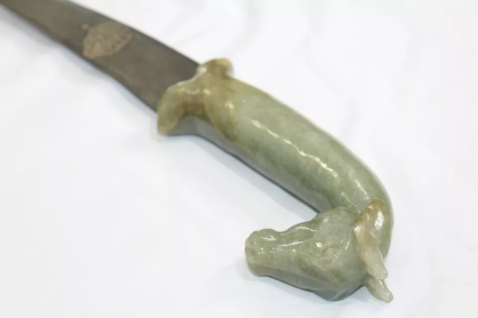 Dagger Knife Damascus Steel Blade Horse Jade Stone Handle Silver ...