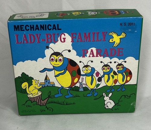 Vtg MECHANICAL LADYBUG FAMILY PARADE Windup Tin Toy Original Box Taiwan ...