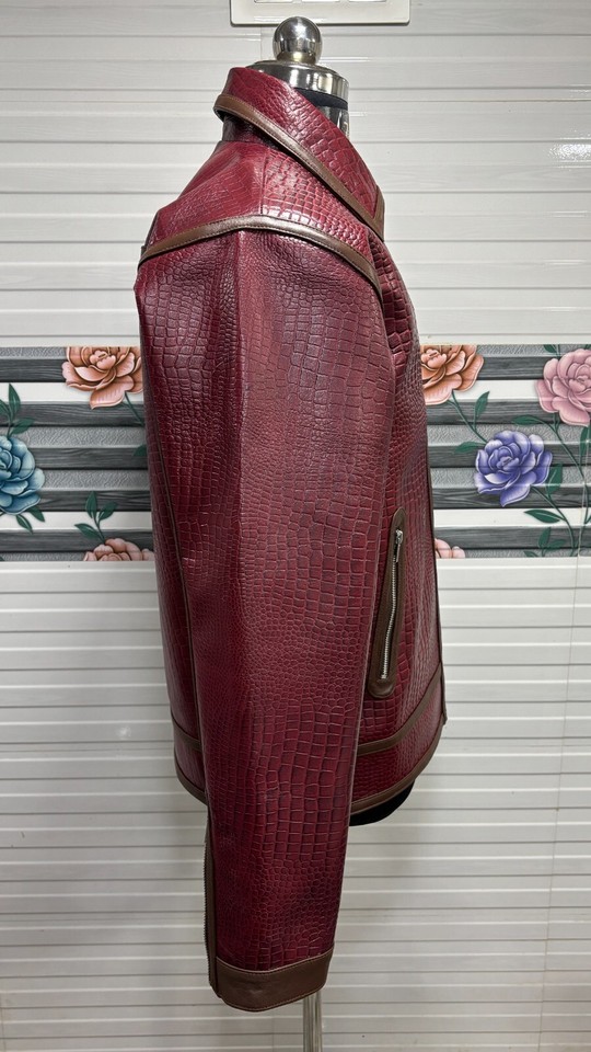 Men's Genuine Cowhide Leather Croc Embossed Maroon Jacket Moto Biker ...