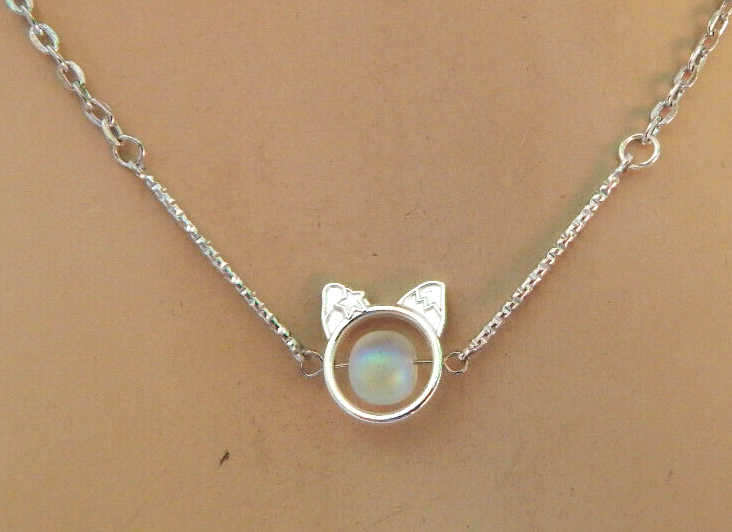 Cat Pendant Necklace Silver Handmade Bead Jewelry Chain Cat Ears Unisex ...