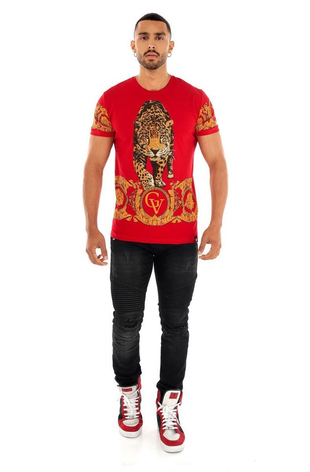 Avenue George V Paris Men's Red Short Sleeve T-shirt Golden Panther ...