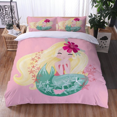 Girls Gift Cartoon Mermaid Doona Quilt Duvet Cover Set Single Queen ...