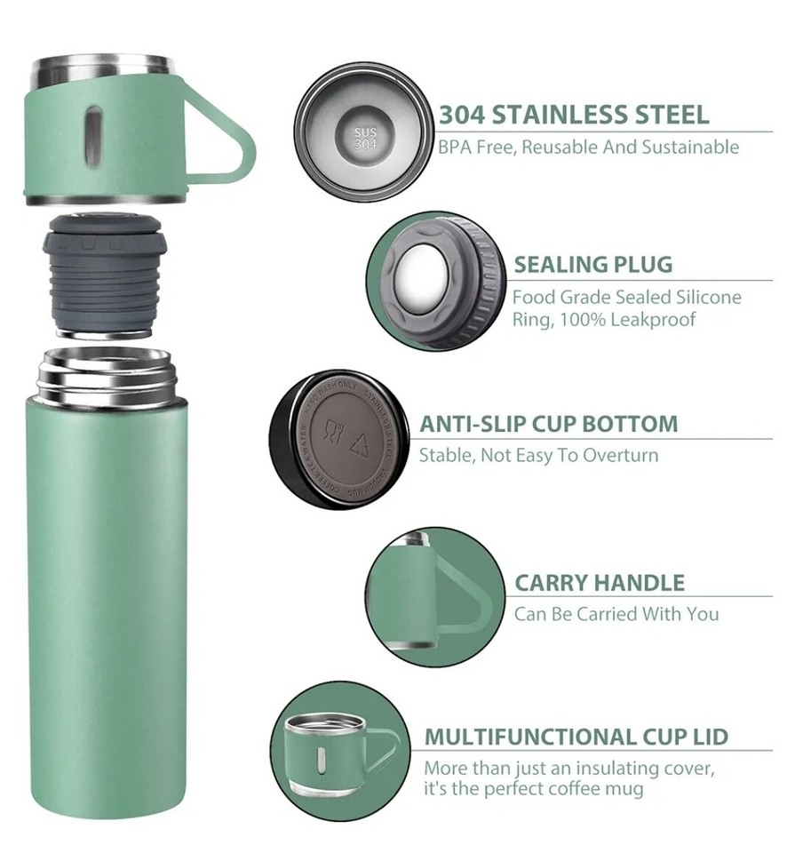💚 Vacuum Insulated Flask Set Stainless Steel Thermo Bottle with Cups ...
