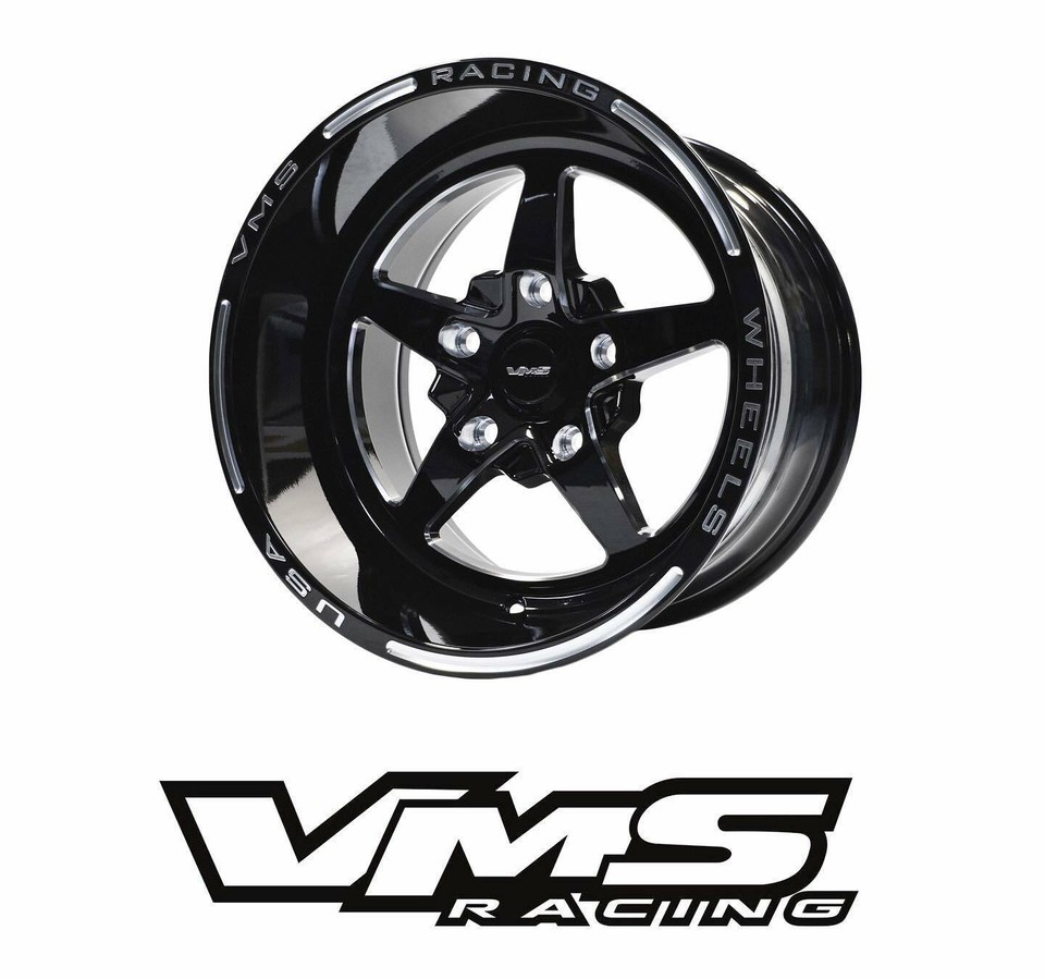 VMS Black V Star Drag Pack Wheels 15x10 & 18x5 5X114.3 +50 ET (5x4.5" 7 ...