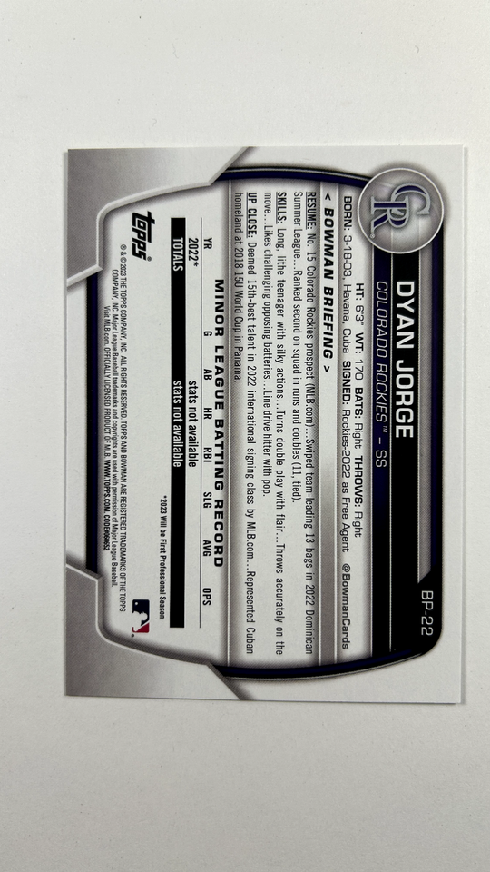 Dylan Jorge 2023 Bowman #BP-22 1st Prospect Colorado Rockies | eBay